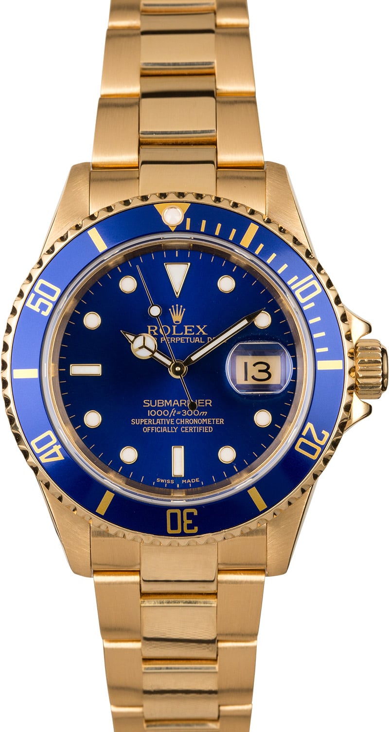 Blue Dial Rolex Submariner 16618 Yellow Gold Oyster